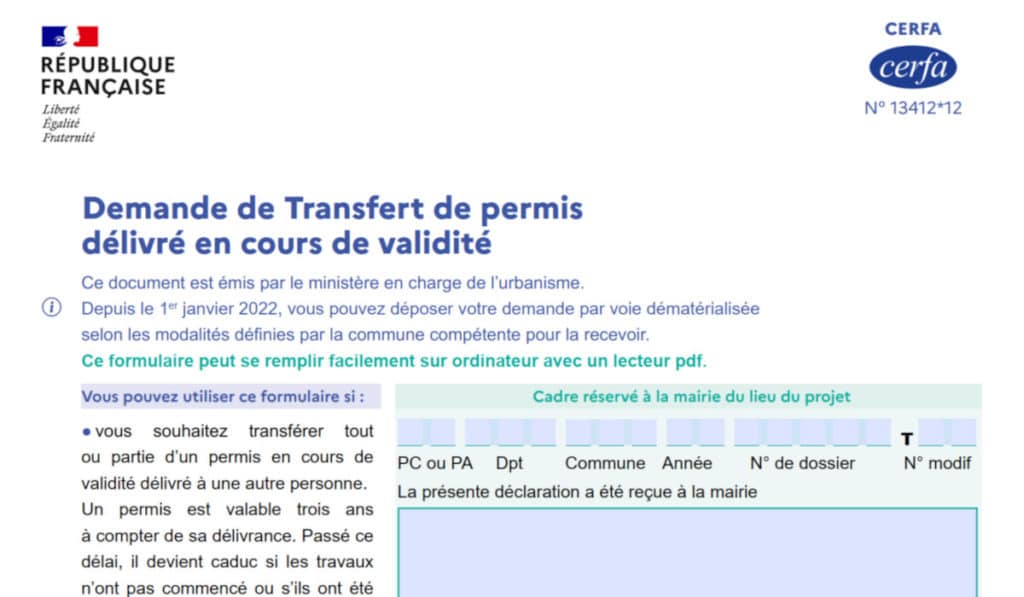 CERFA 13412*10 : transfert d'un permis de construire valide